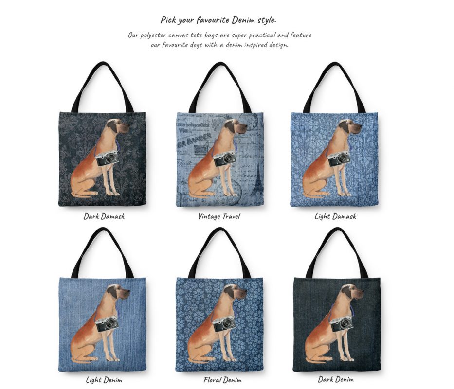 Great Dane Dog Tote Bag Illustrated dogs & 6 Denim inspired styles. All ...