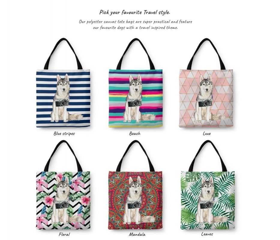 Siberian Husky Dog Tote Bag Illustrated dogs & 6 Travel inspired styles ...
